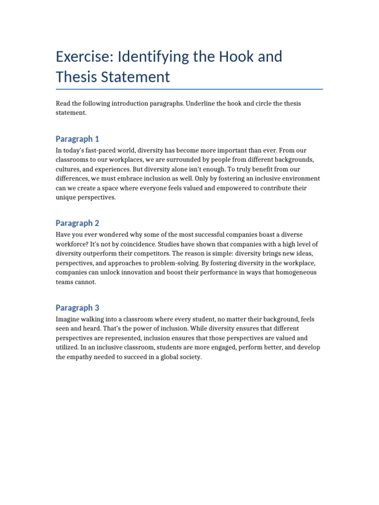 Identifying Hook and Thesis Statement Exercise | PDF
