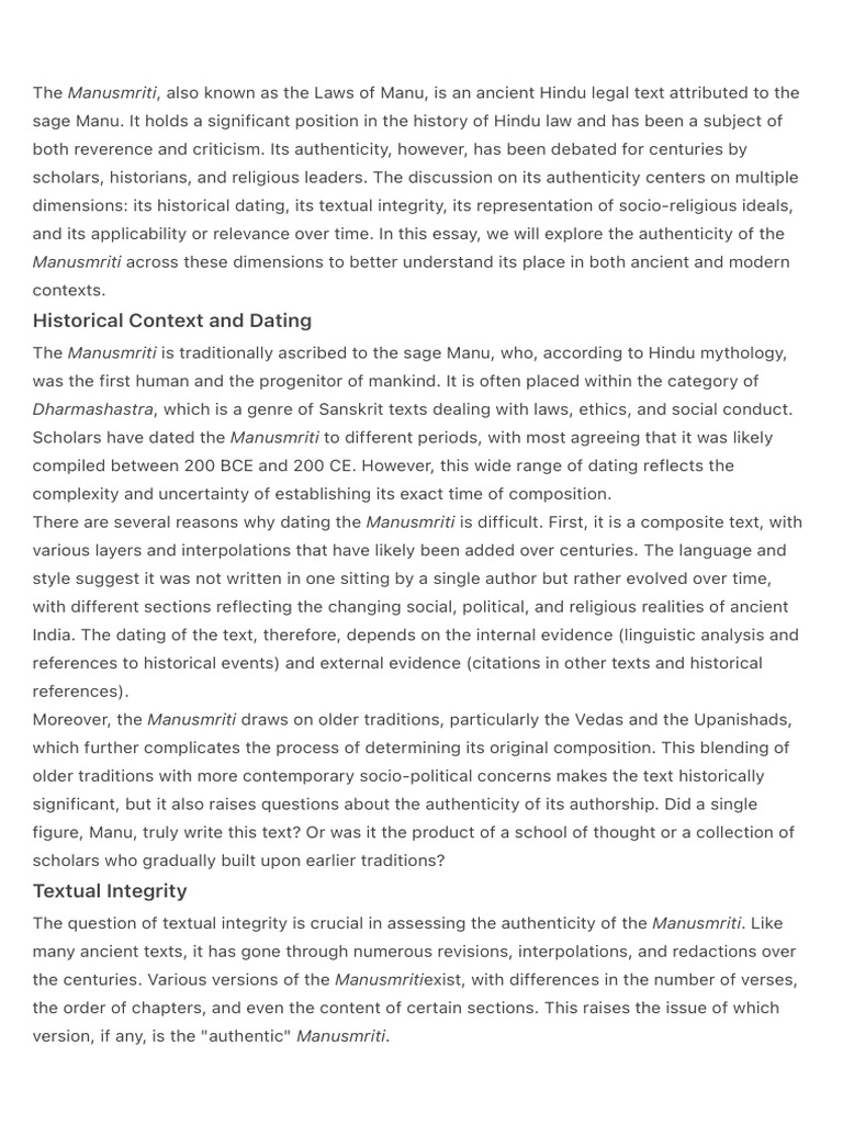 The Manusmriti, also known as the Laws of Manu, is an ancient Hindu… | PDF