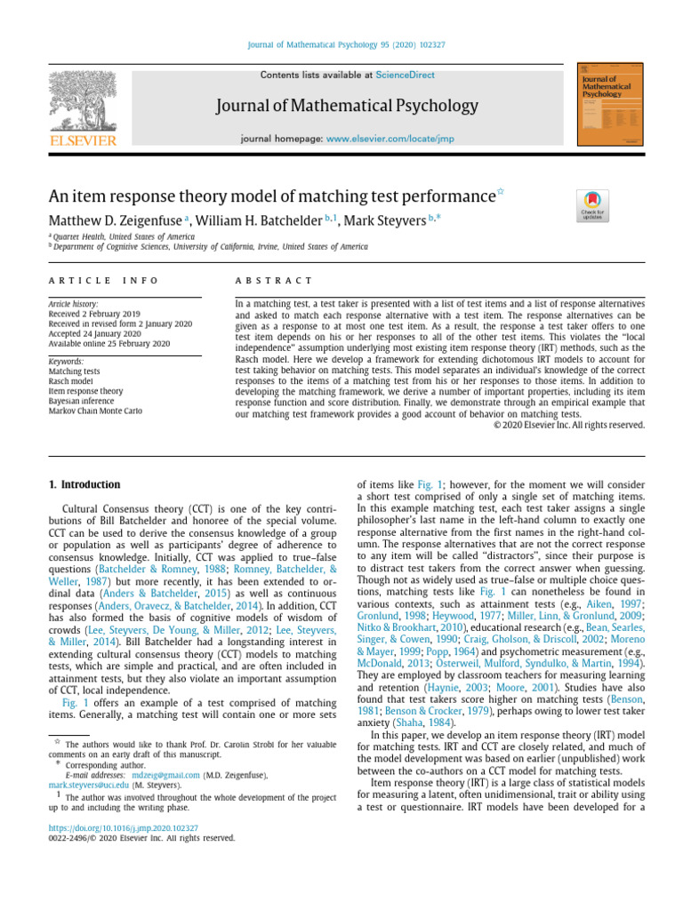 An Item Response Theory Model of Matching Test Performance (Zeigenfuse ...