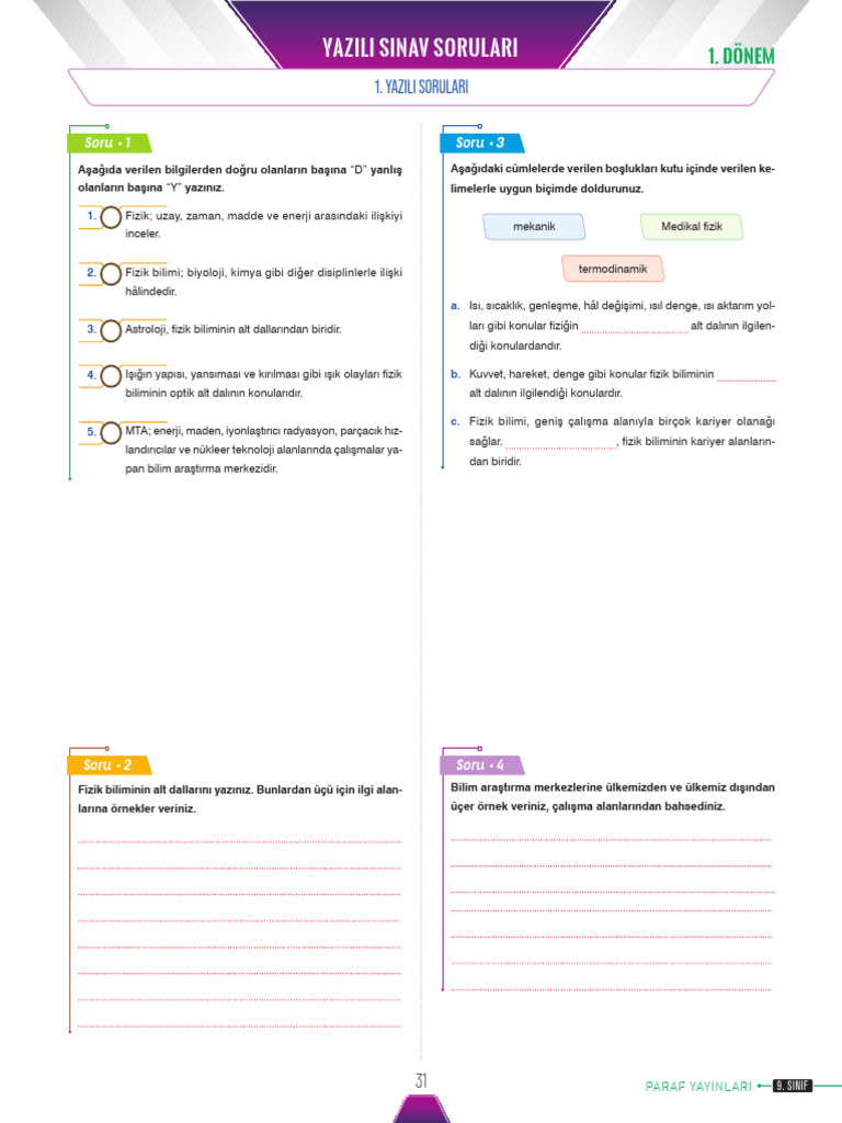 9.sinif Fizik 1.donem 1.yazili Ornegi Yeni Mufredat | PDF