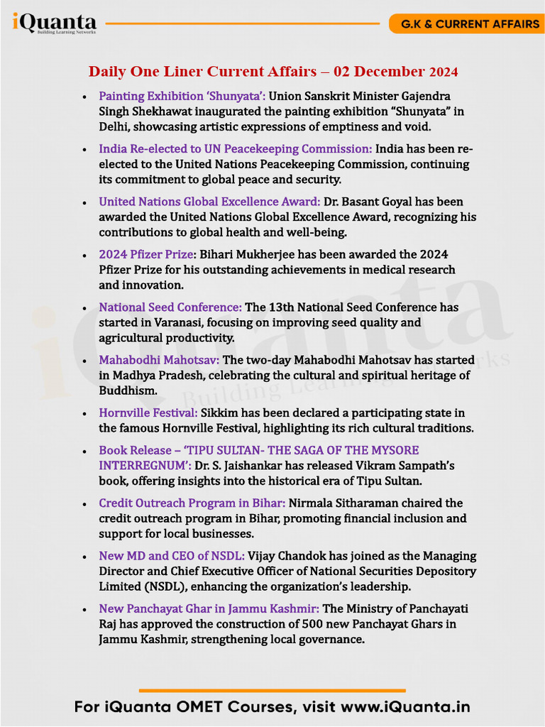 Daily One Liner Current Affairs - 02 December 2024 | PDF
