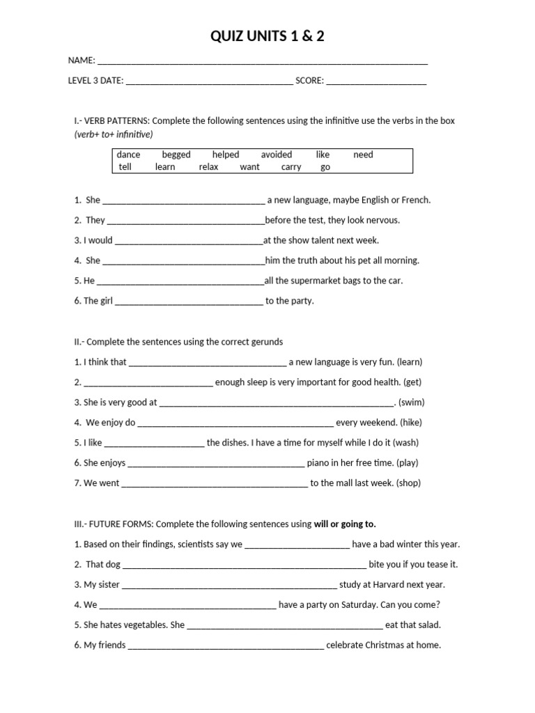 QUIZ UNITS 1 and 2 level 3 surpass | PDF | Linguistic Typology ...