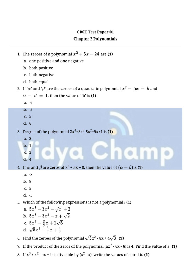 Polynomial Practice Sheet | PDF