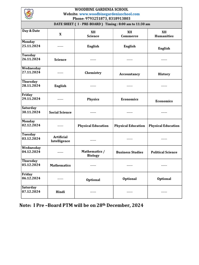 Date Sheet Pre Board -I 2024-25-1 (1) | PDF