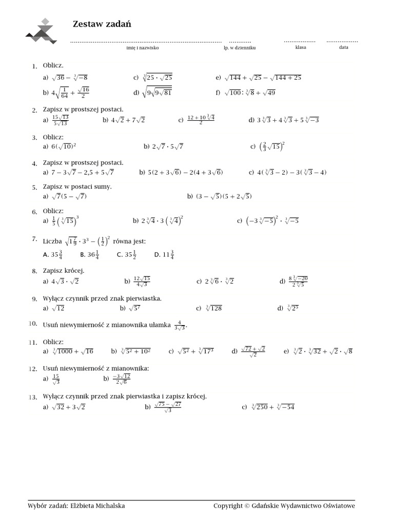 Pierwiastki KL 8 Zadania | PDF