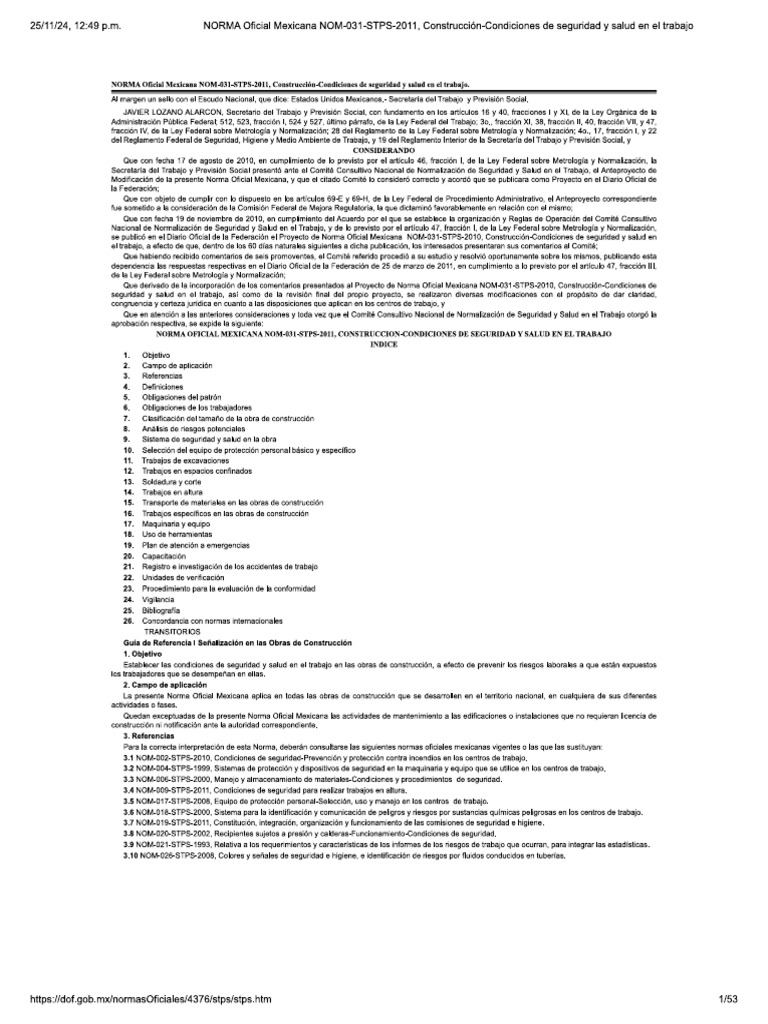 NORMA Oficial Mexicana NOM-031-STPS-201...Nes de Seguridad y Salud en El Trabajo | PDF