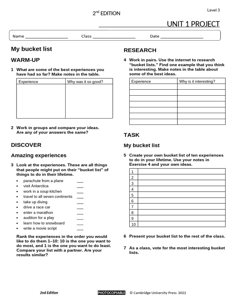 Thk2e AmE L3 Projects Unit 1 | PDF