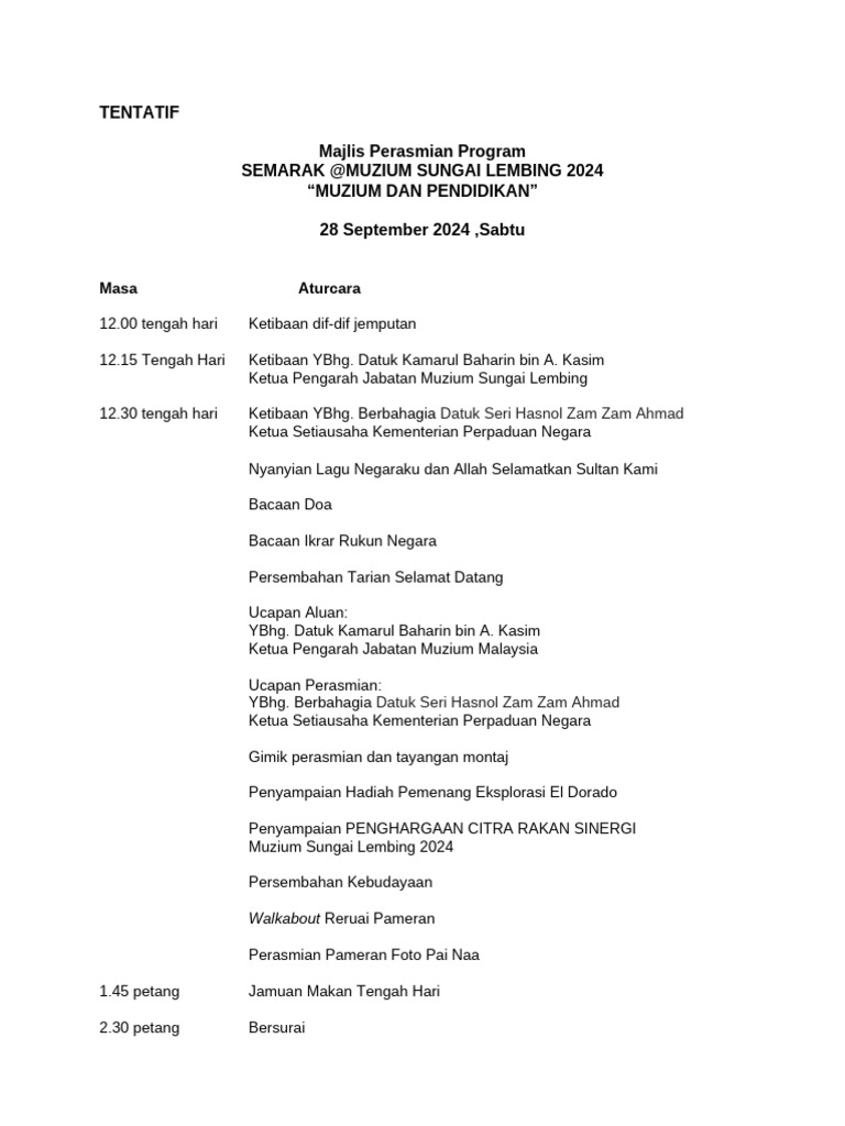 Tentatif Majlis Perasmian Semarak 2024 | PDF
