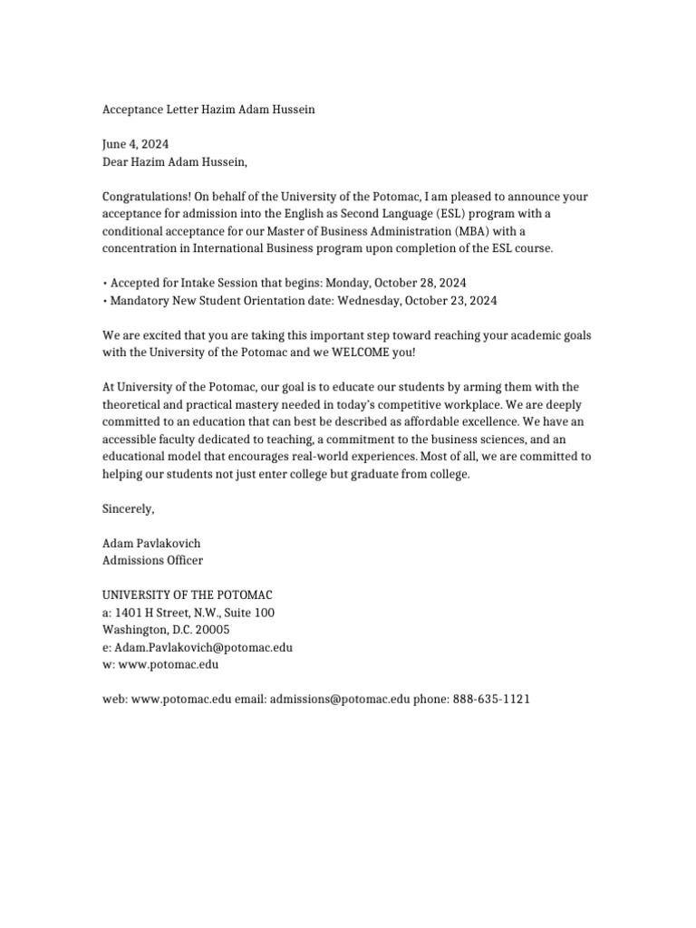 Acceptance_Letter_Hazim_Adam_Hussein | PDF
