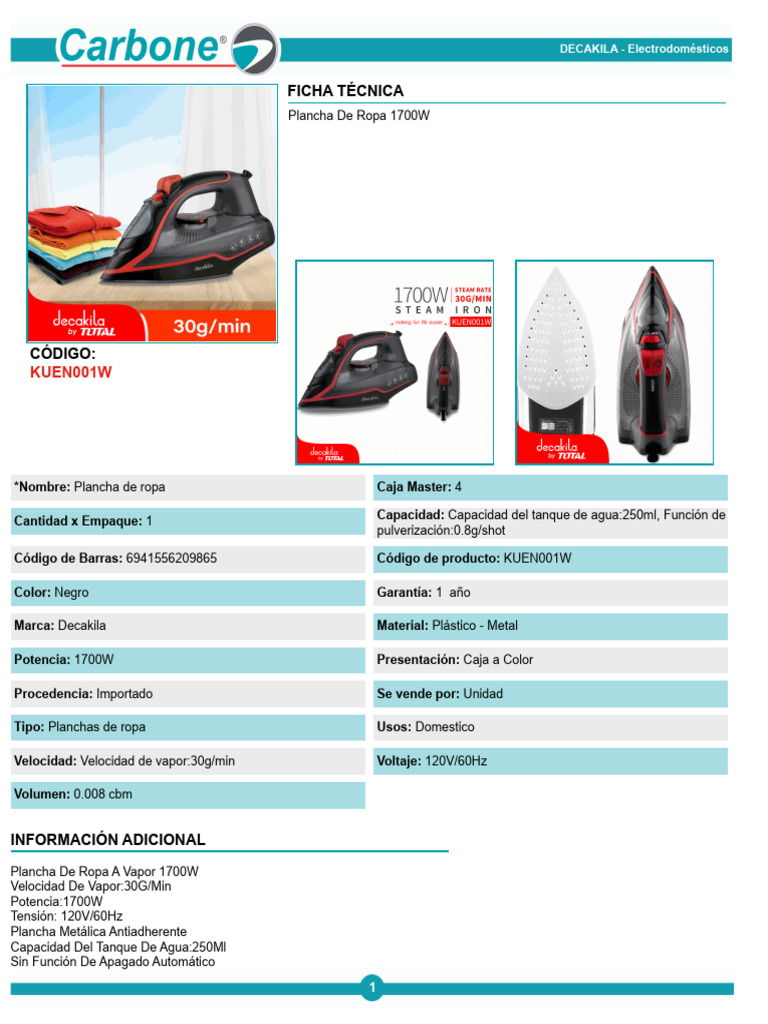Kuen001w Plancha de Ropa 1700w | PDF