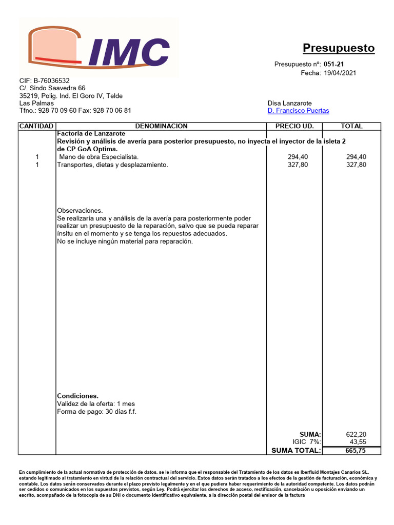 051-21 Revisión y análisis de avería Inyector isl 2 Go Optima | PDF | Presupuesto