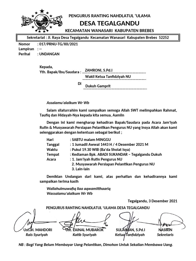 UNDANGAN PENGURUS NU A4 | PDF