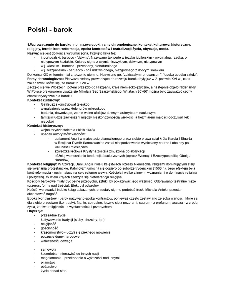 Polski - Barok Notatka | PDF