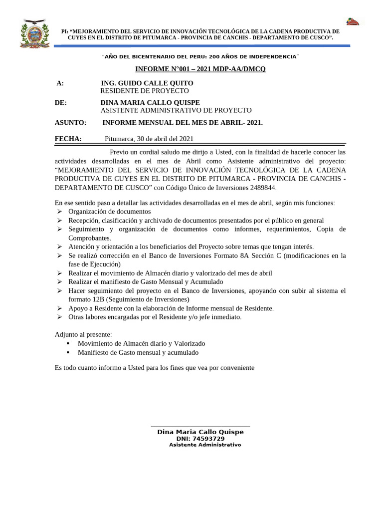 Informe Mensual de Actividades - Abril 2021 | PDF