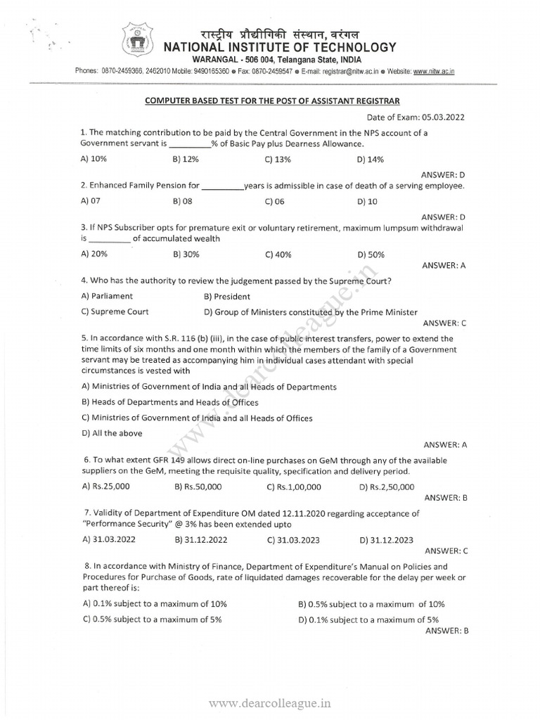 NIT Warangal AR 2022 Question Paper | PDF