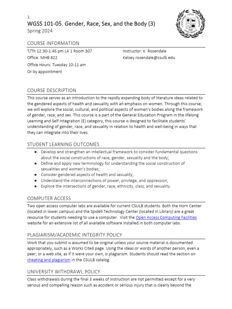WGSS 101 (05) Spring 2024 | PDF | Title Ix | Gender