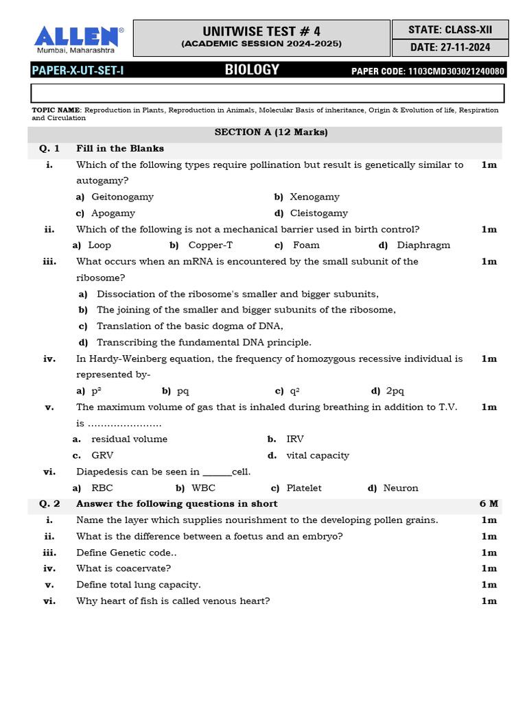 Enthuse-State Board - Unitwise Set I-Biology - Ques. Paper - x-27!11 ...