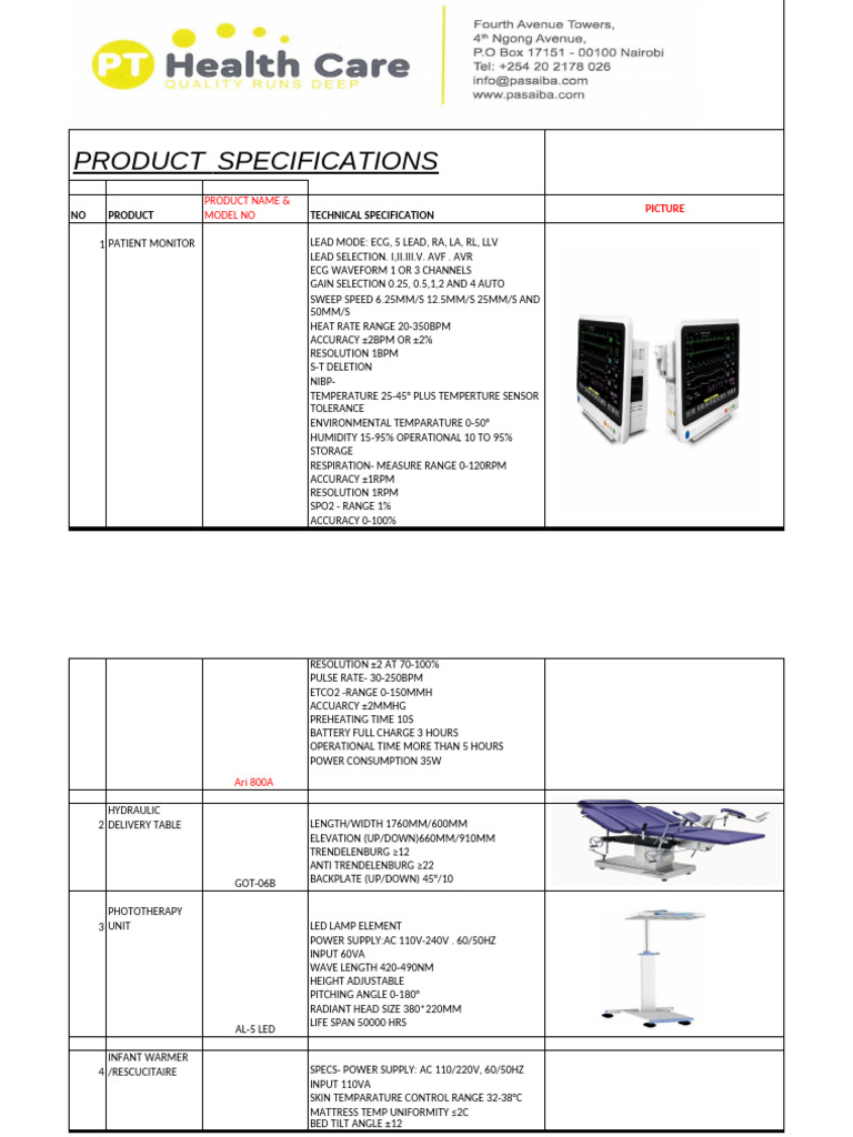Comprehensive Medical Equipment Specifications | PDF | Humidity ...