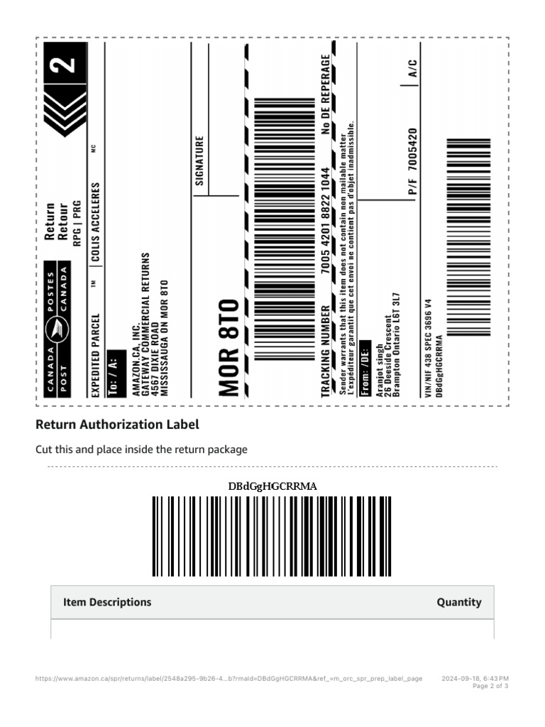 Return Authorization Label: Cut This and Place Inside The Return ...