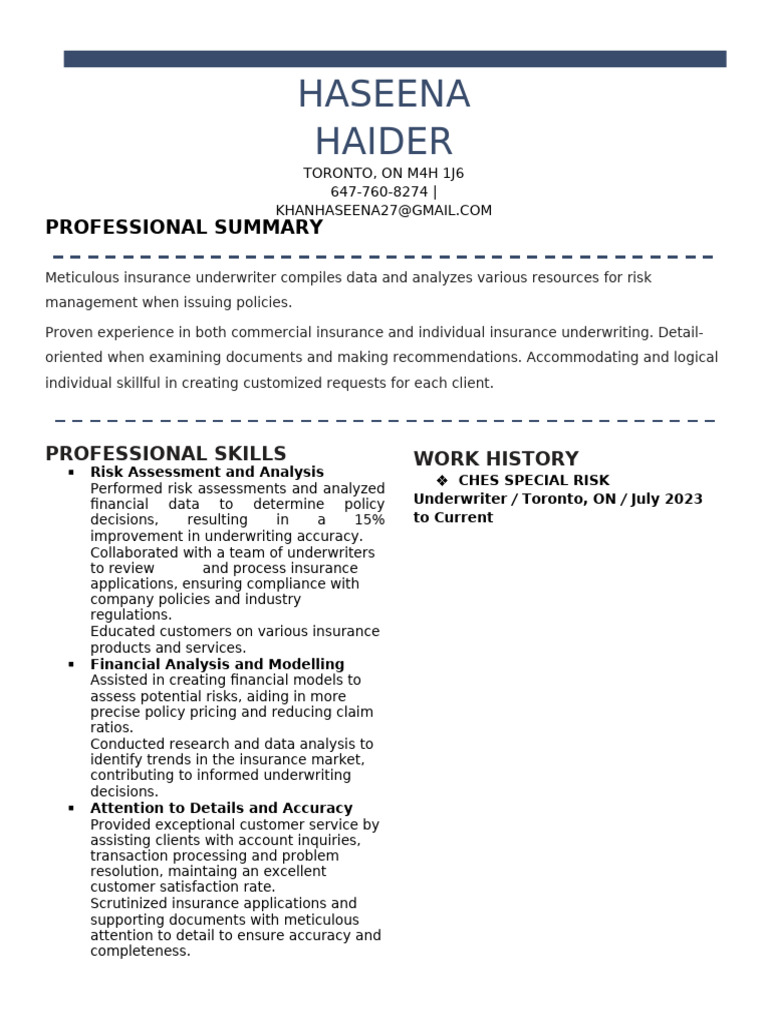 Haseena Haider Resume (1) | PDF | Insurance | Underwriting