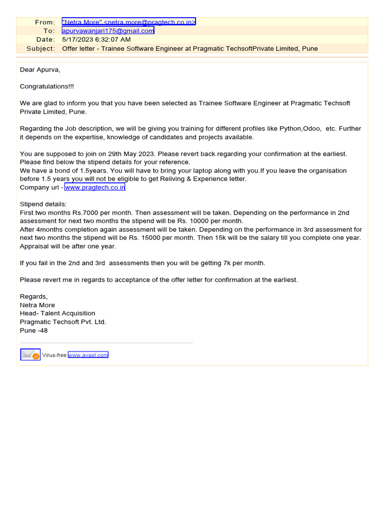 Trainee Software Engineer Offer Letter | PDF