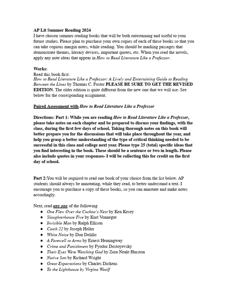 Final Version of AP Lit Summer Reading 2024-2025 | PDF