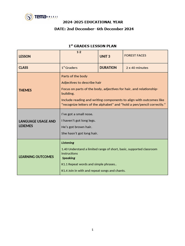 1st Graders 2nd-6th December Lesson Plan-1-1 | PDF | Word | Learning