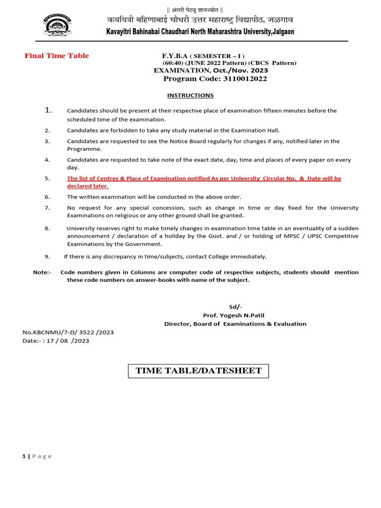 Final Time Table FYBA Sem-I June 2022 Patt Exam Oct.2023 | PDF | Science