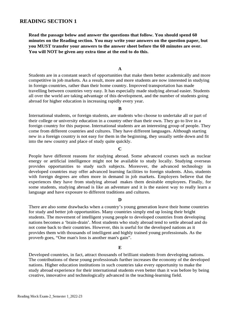 Reading Test (2) | PDF | International Student | Cognition