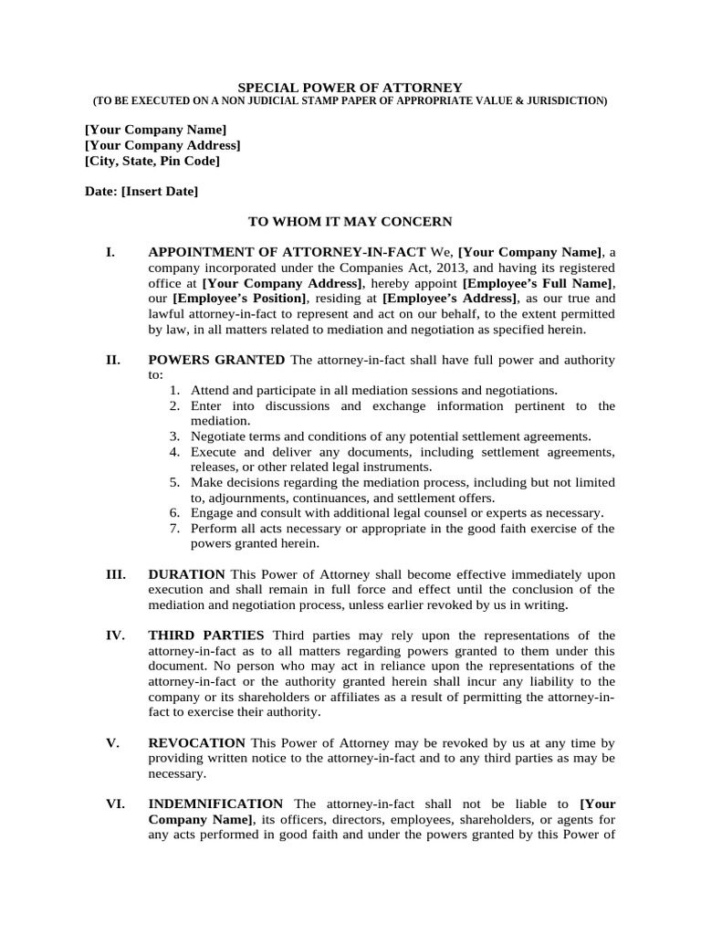 Draft - SPECIAL POWER OF ATTORNEY | PDF | Power Of Attorney | Mediation
