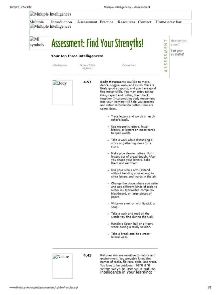 Multiple Intelligences - Assessment | PDF | Learning | Intelligence