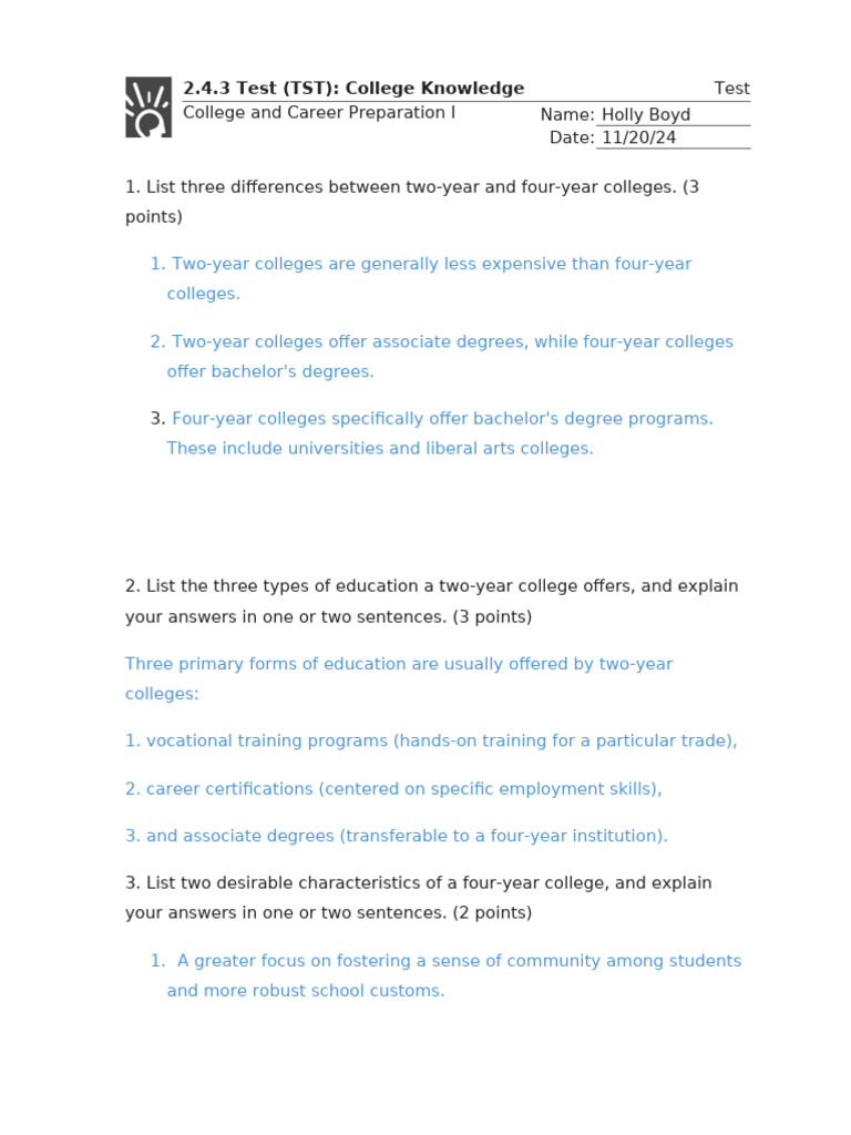 2.4.3 Test (TST) - College Knowledge (Test) | PDF | Academic Degree ...