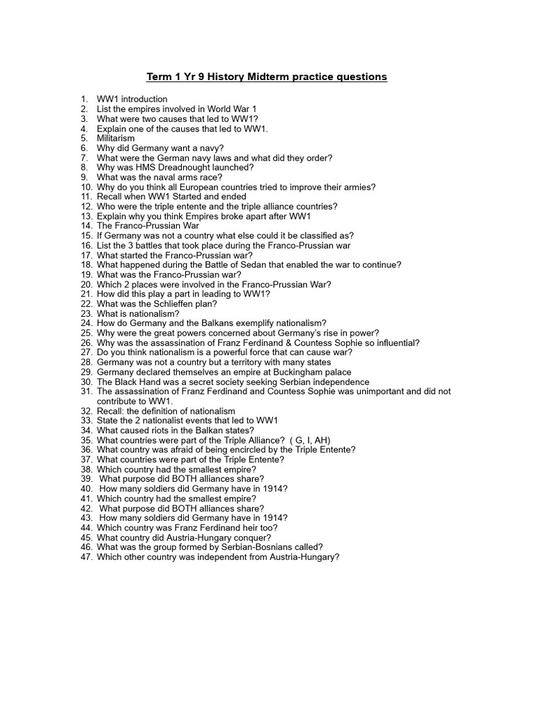 Term 1 Yr 9 History Midterm Practice Questions 2 | PDF | World War I ...