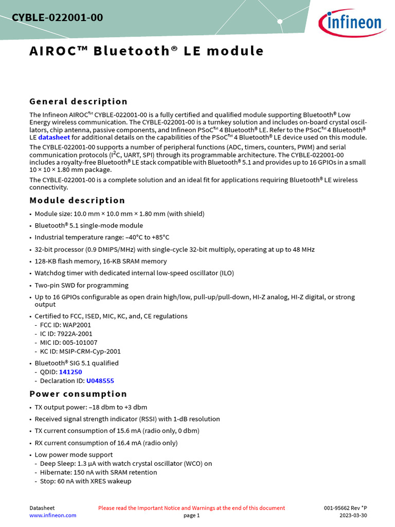 Infineon-CYBLE-022001-00 AIROC TM Bluetooth R LE module-DataSheet-v17 ...