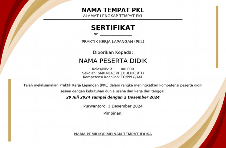 SERTIFIKAT PKL TAHUN 2024-Bahan | PDF