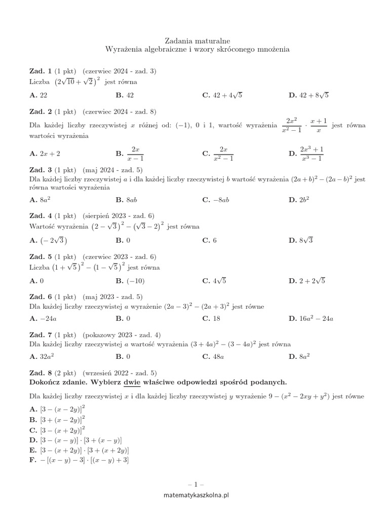 Wyrażenia Algebraiczne I Wzory Skróconego Mnożenia cz.1 | PDF