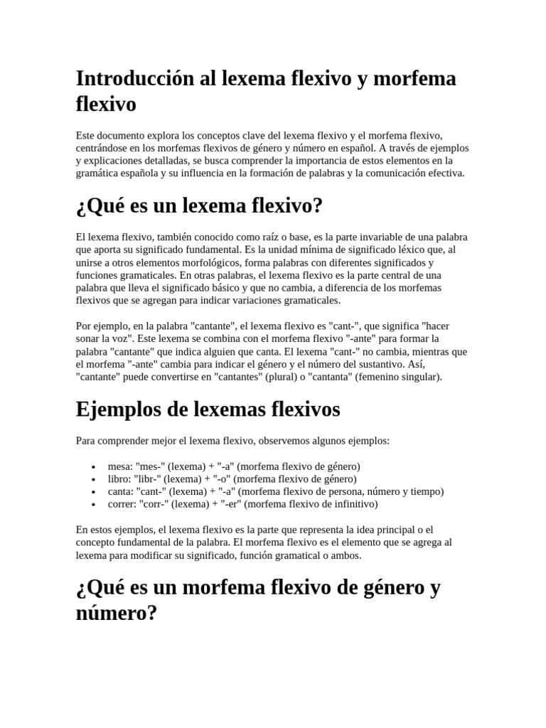 Lexema y morfema flexivo en español | PDF | Numero Gramatical | Género ...