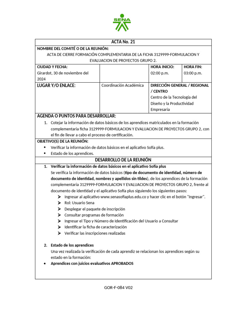 Acta 21 Cierre Fyedp Grupo 2 Viota | PDF | Evaluación