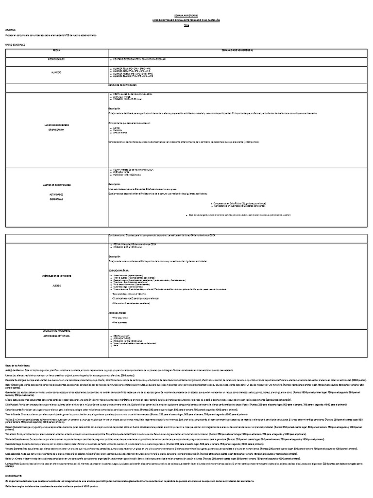 Planificación - Semana Aniversario 2024.docx - 20241103 - 220925 - 0000 | PDF