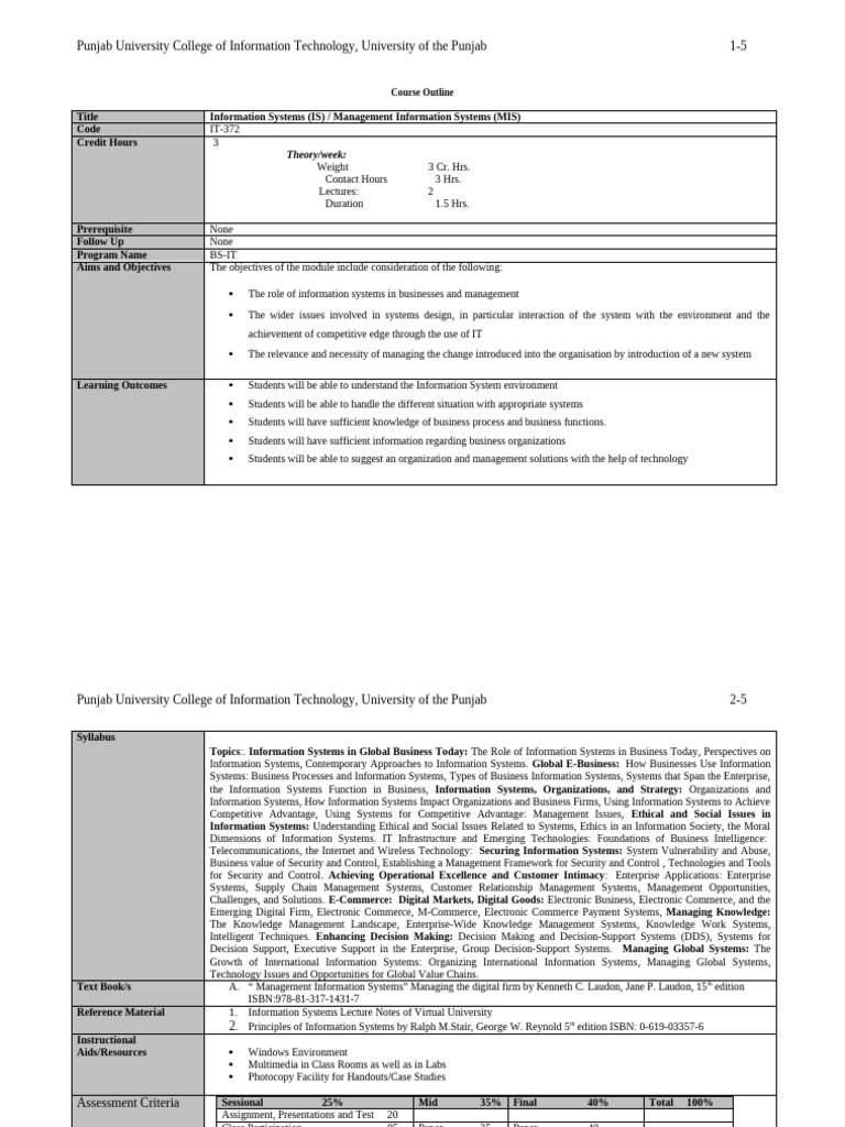 Information Systems Course Outline Pdf E Commerce Information