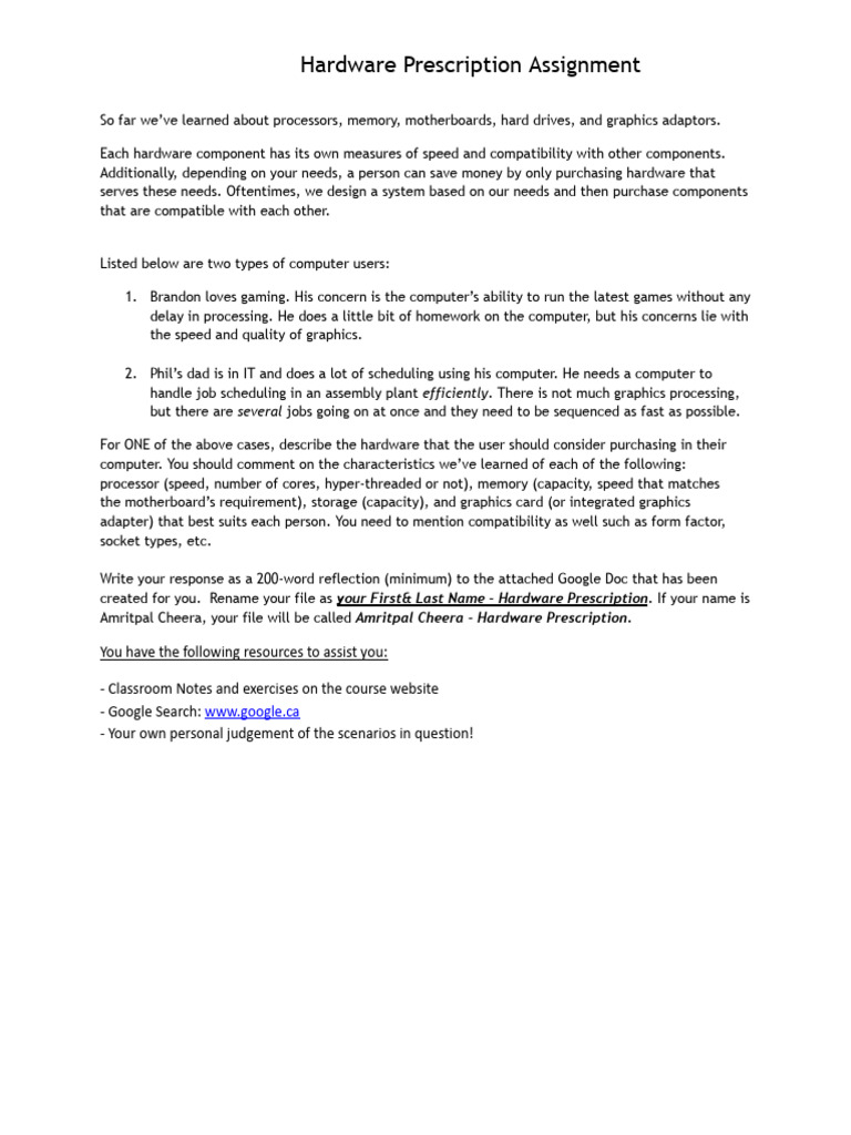 Hardware Prescription Assignment - Version A | PDF | Computer Hardware | Computer Architecture