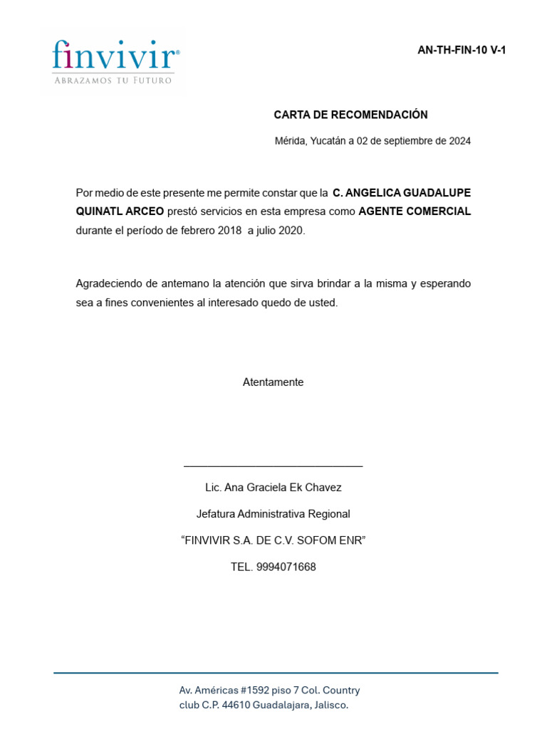Carta Recomendación Laboral FINVIVIR | PDF