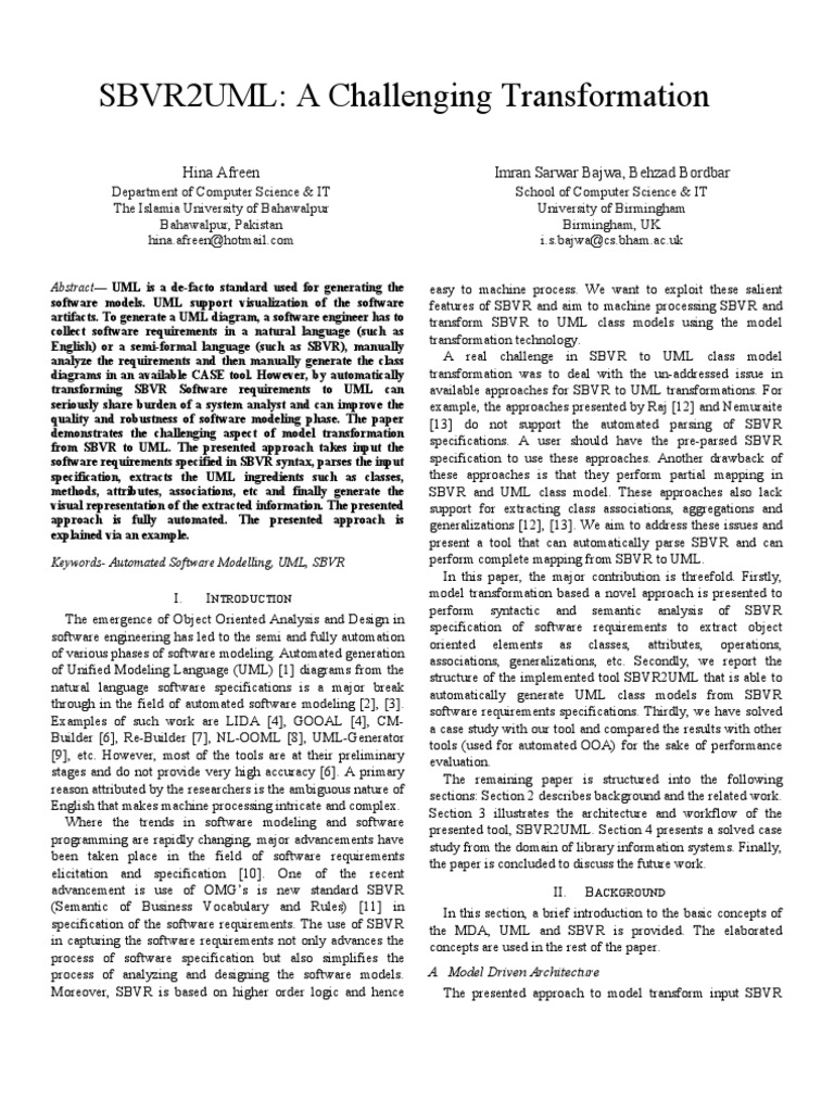 SBVR2UML: A Challenging Transformation: Hina Afreen Imran Sarwar Bajwa ...