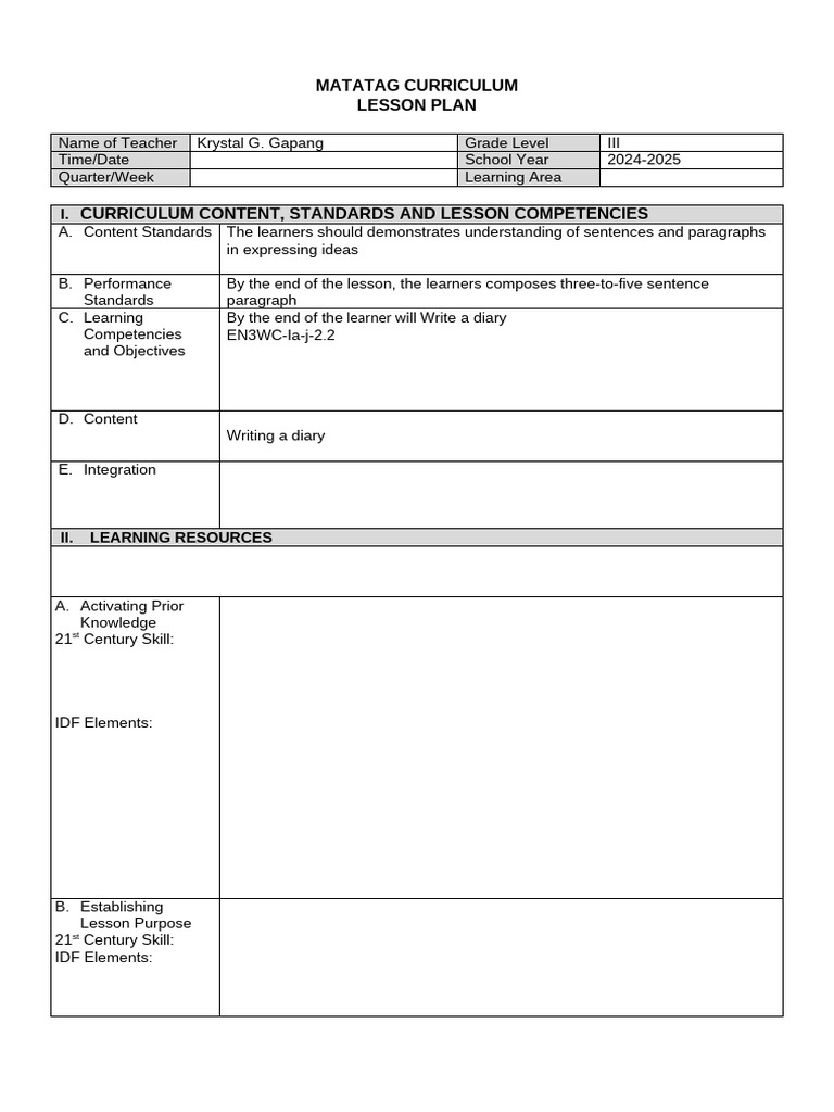 Matatag Curriculum Lesson Plan | PDF