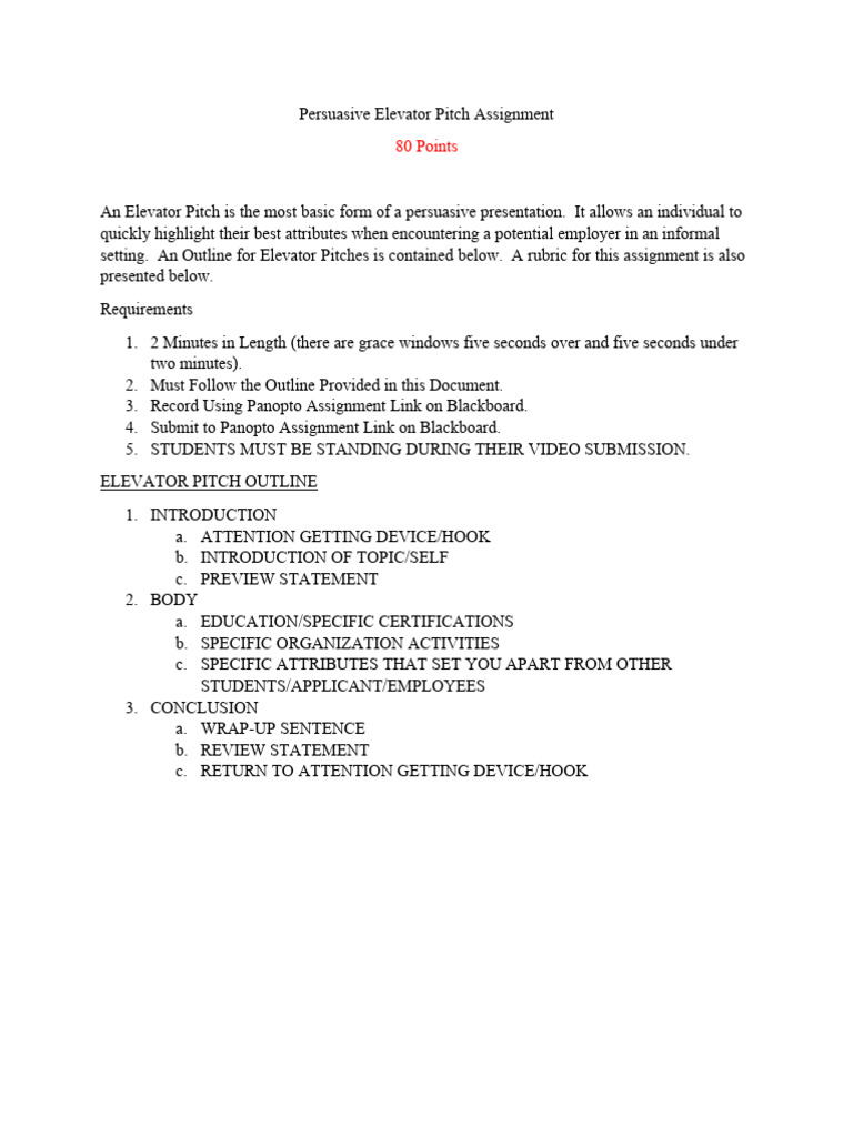 BUS 271-Elevator Pitch Assignment, Outline, Rubric (2) - Tagged | PDF