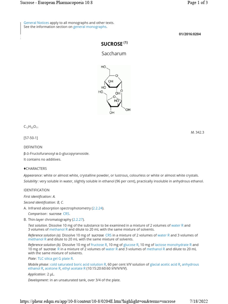 Sucrose - European Pharmacopoeia 10.8 | PDF | Solubility | Thin Layer ...