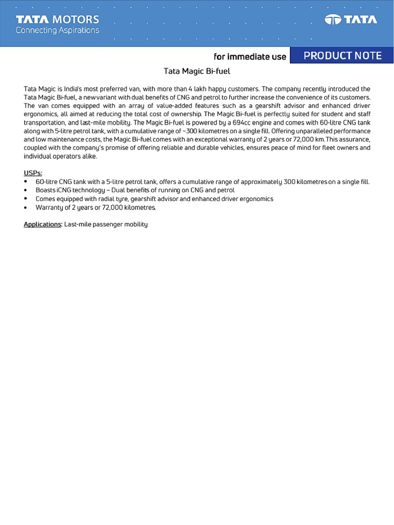 Product Note Tata Magic Bi Fuel | PDF
