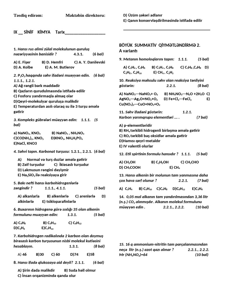 IX SİNİF KIMYA BSQ Variant ABCD | PDF