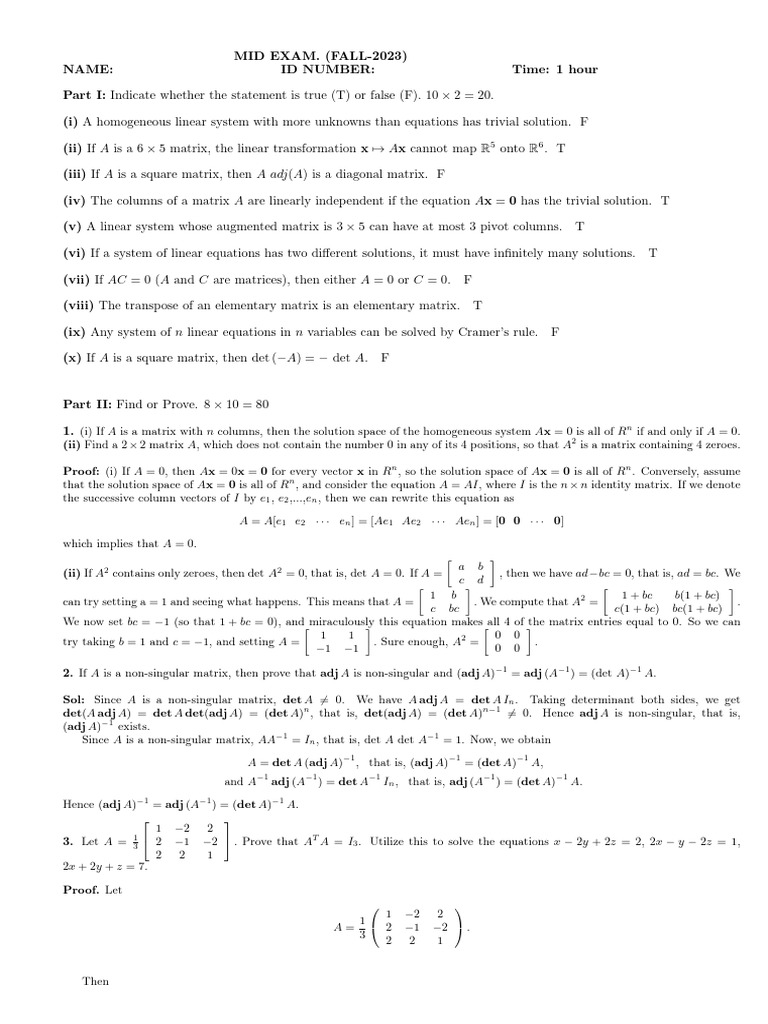 선형대수학 MID－SOLUTION | PDF | Matrix (Mathematics) | System Of Linear Equations