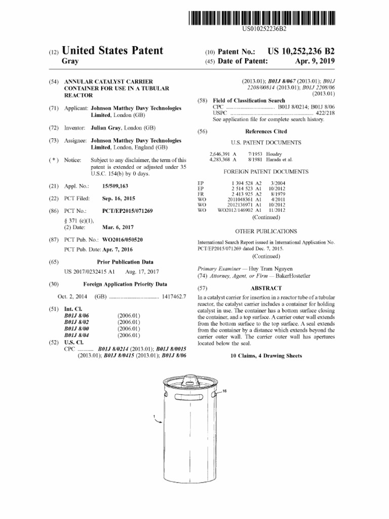 US10252236 - JM - Annular Catalyst Carrier | PDF | Chemical Reactor ...